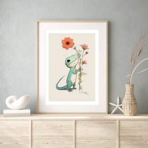 Cute Lizard Hugging the Flower Nursery Art Print, Nursery Illustration ...