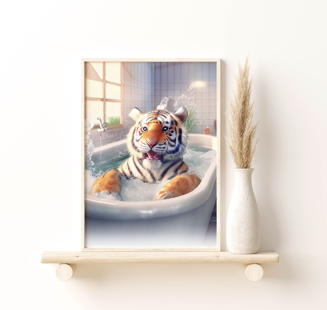 Tiger Bathing in Bathtub Print, Funny Bathroom Print, Tiger Bathing ...