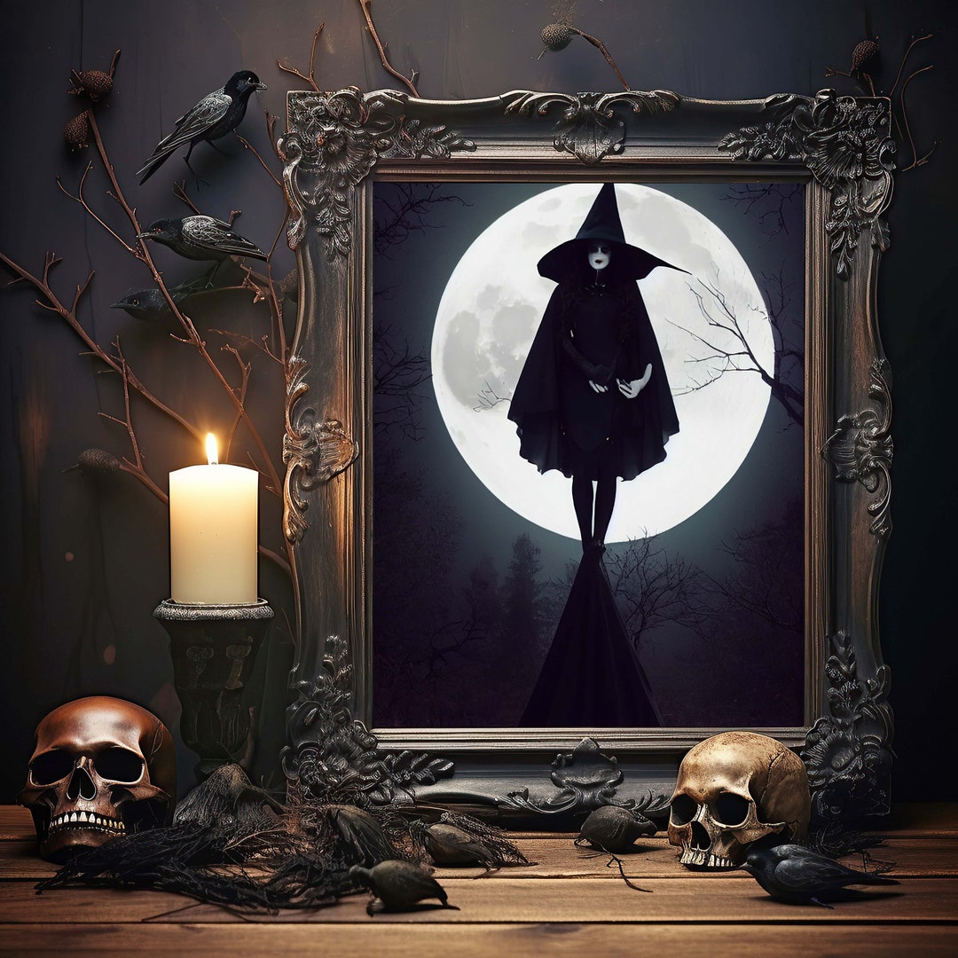 Witch and Moon Fantasy Art Print, Darkarts Poster Gothic Art, Halloween ...