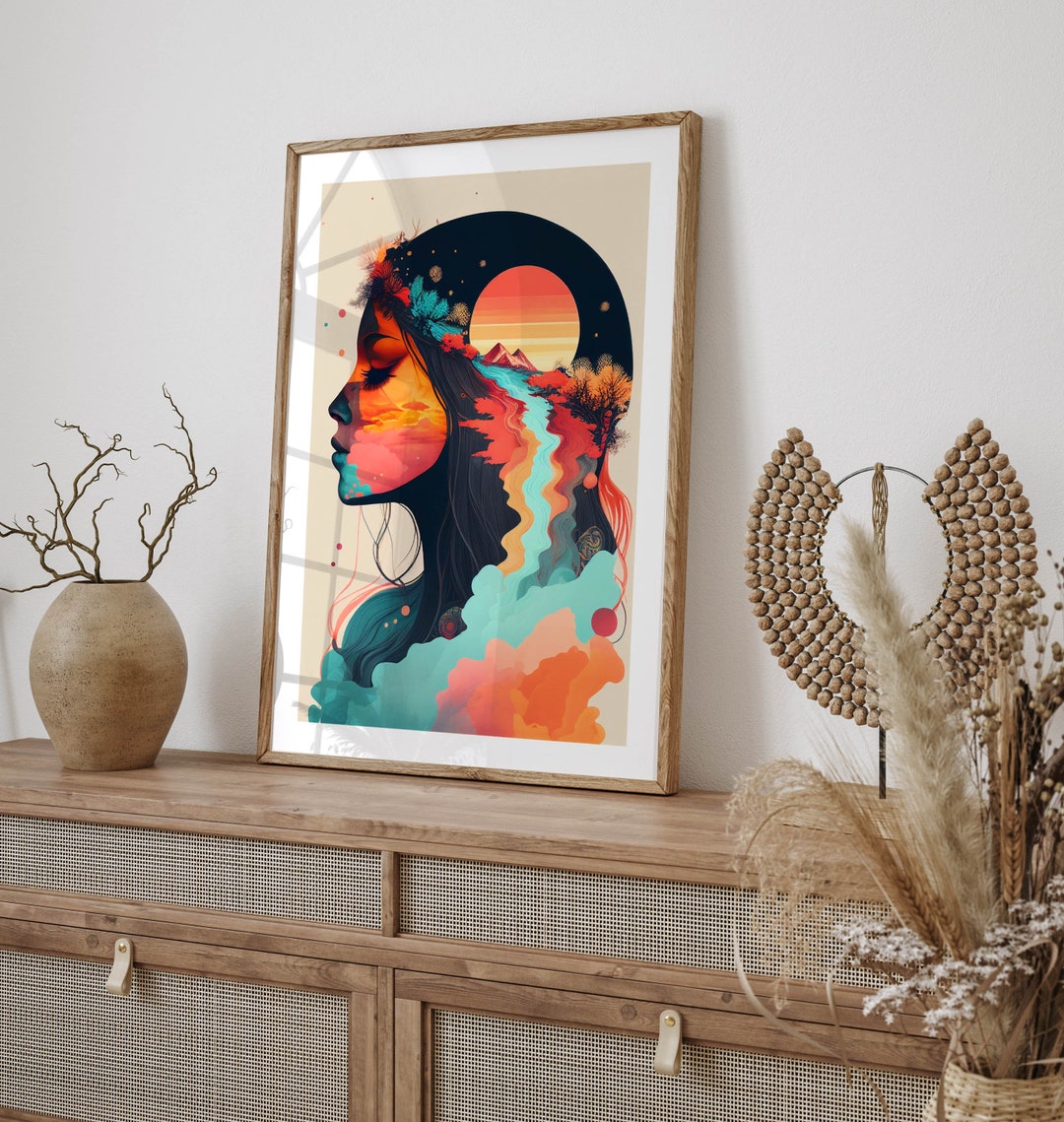Watercolor Boho Woman and Sun Poster, Stylish Boho Minimal Wall Art ...