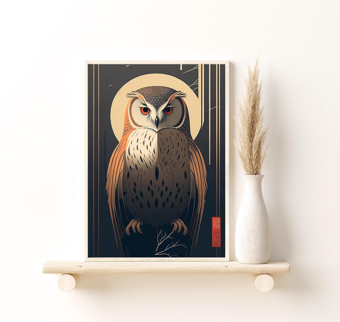 Minimal Night Owl Poster, Night Owl Art Print, Traditional Japanese ...