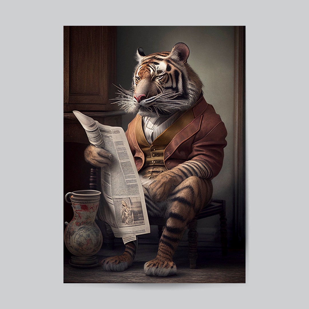 Victorian Tiger Reading Newspaper Art, Victorian Victorian Tiger Ai Art ...