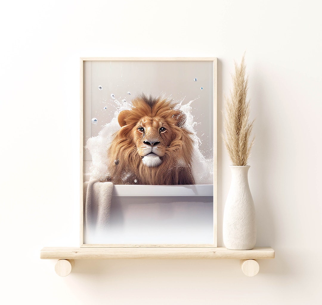 Lion Bathing in Bathtub Print, Funny Bathroom Print, Lion Bathing ...