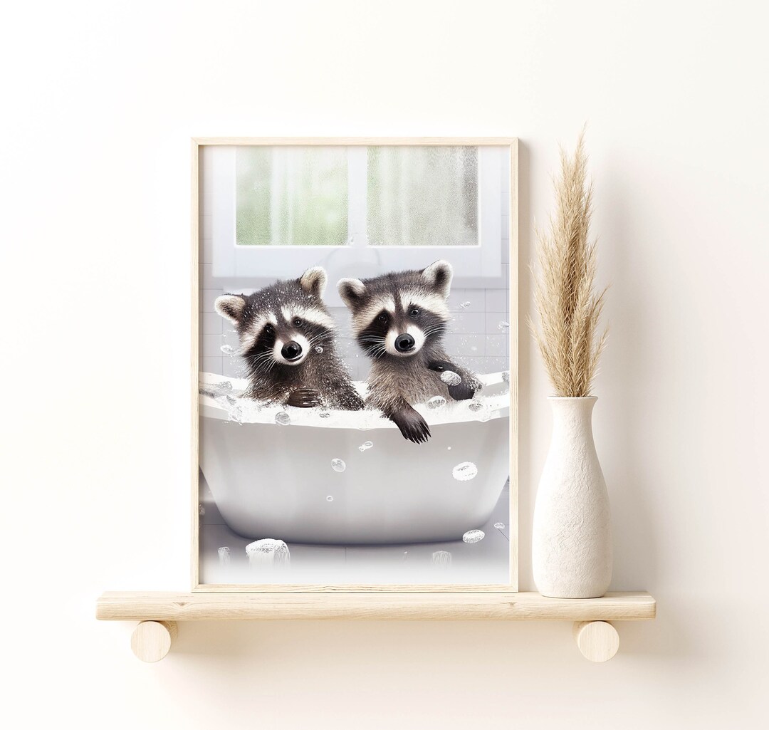 Raccoons Bathing in Bathtub Print, Funny Bathroom Print, Raccoons ...