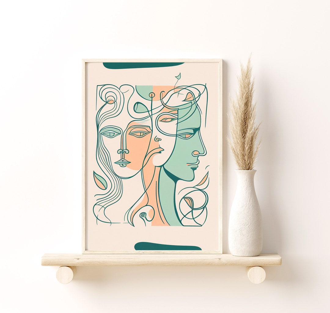 Picasso Style Line Art Triple Faces Design Art Print, Contemporary Art ...