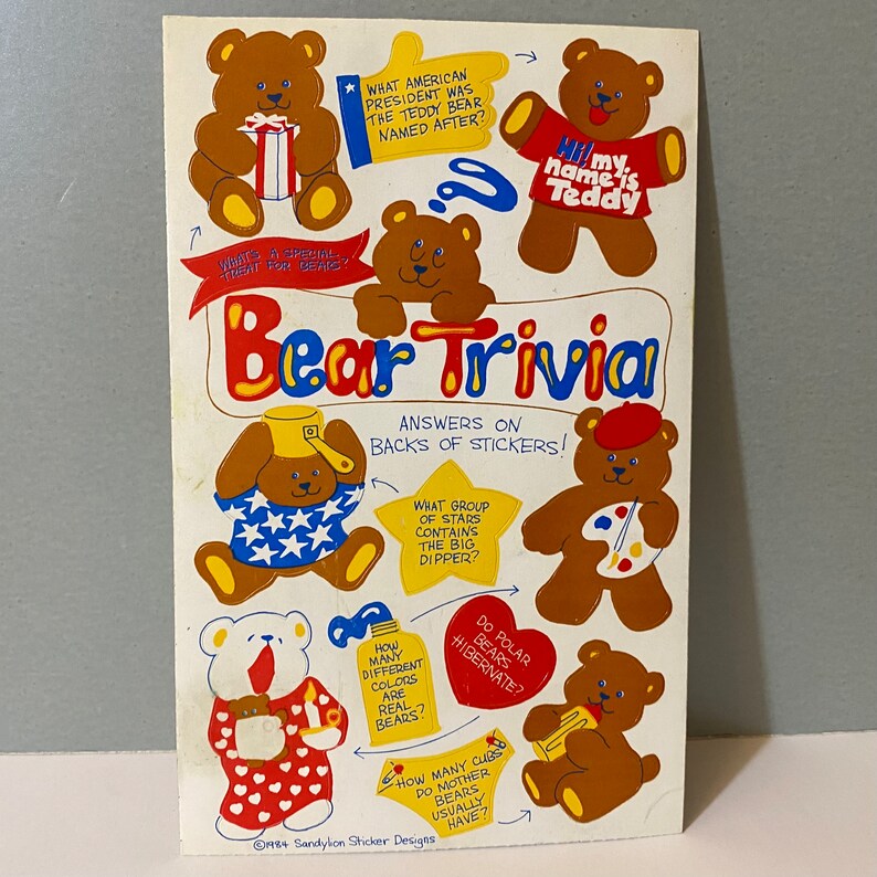 Vintage 1984 Sandylion Stickers Puppy Trivia Bear Trivia Maxi Activity ...