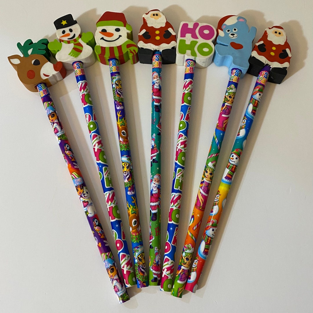 Vintage Lisa Frank Santa Snowmen & More Christmas Pencils Erasers Set ...