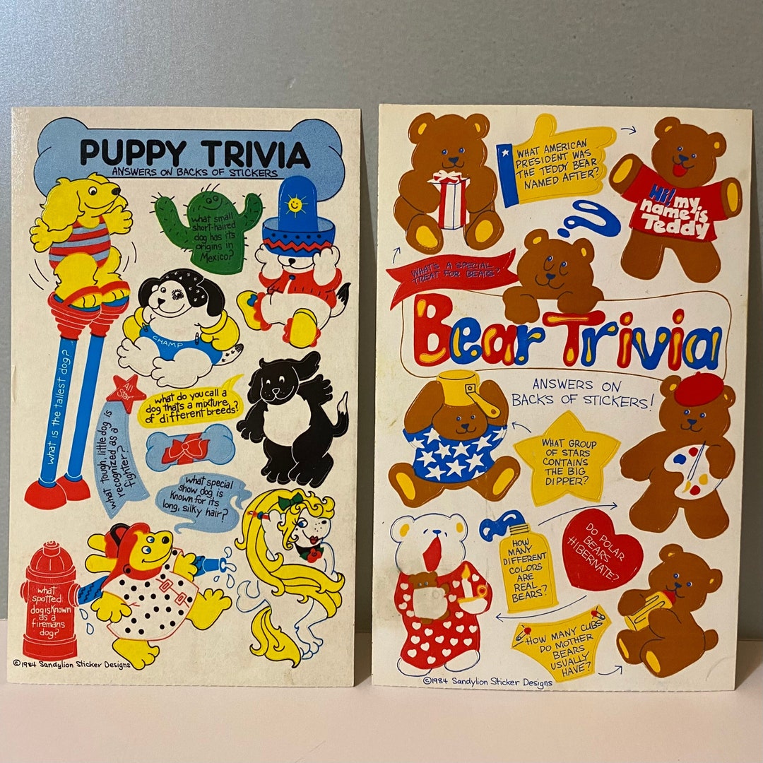 Vintage 1984 Sandylion Stickers Puppy Trivia Bear Trivia Maxi Activity ...
