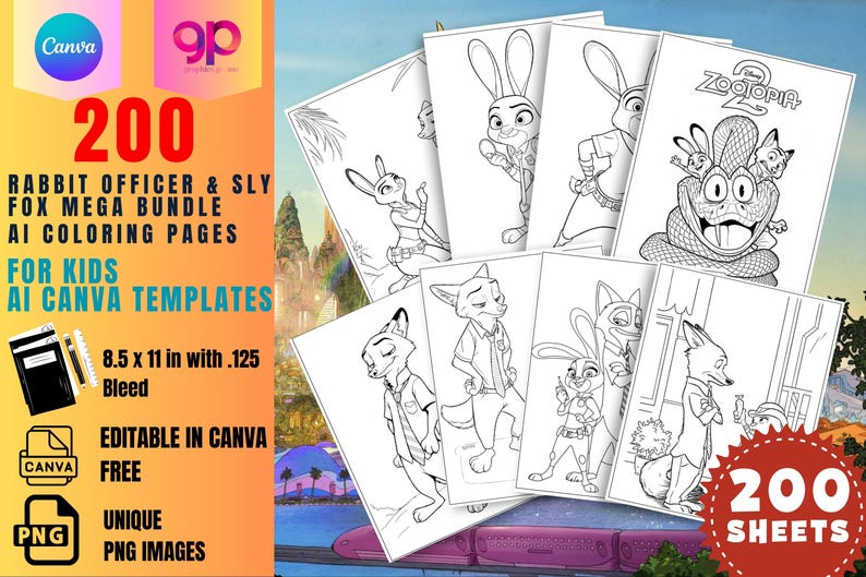 Rabbit Officer & Sly Fox Coloring Pages | 200-page Mega Bundle (canva ...