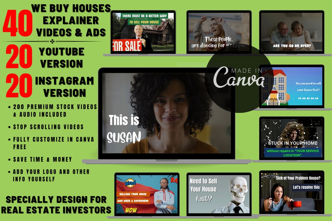 40 We Buy Houses Explainer Videos Fully Customizable in CANVA FREE Real Estate Investors REI 200 ...