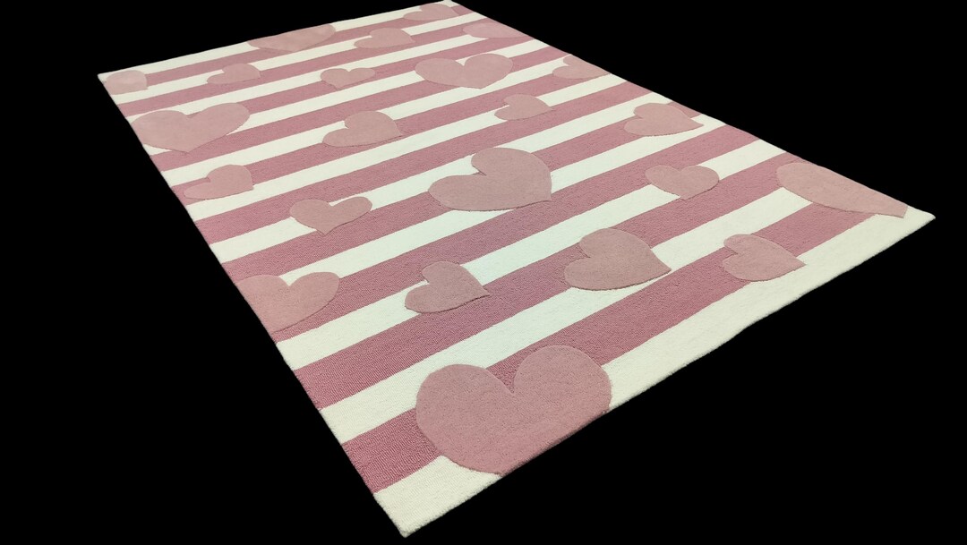 Pink Heart Hand Tufted Rug, Loop-cut Pile Rug, Heart Print Design ...