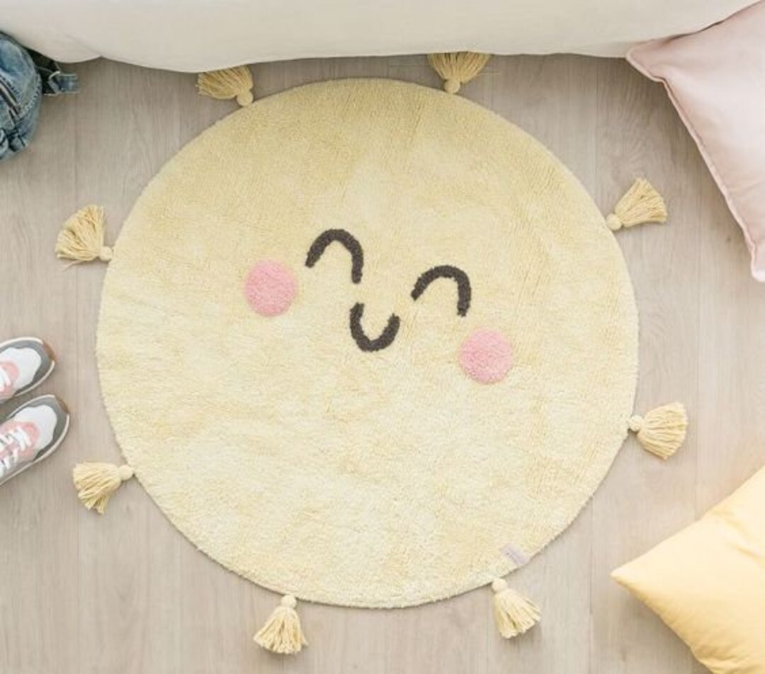 Yellow Kids Round Hand Tufted Rug, Cut Pile Rug, Multi Color Wool Round ...
