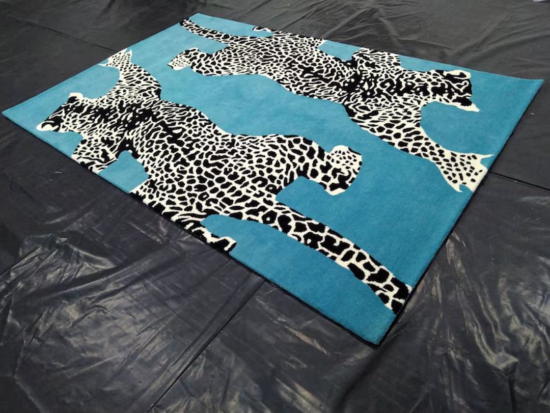 Luxury Leopard Rug,hand Tufted Rug.leopard Print Rug.blue Rug,kids Rugs ...