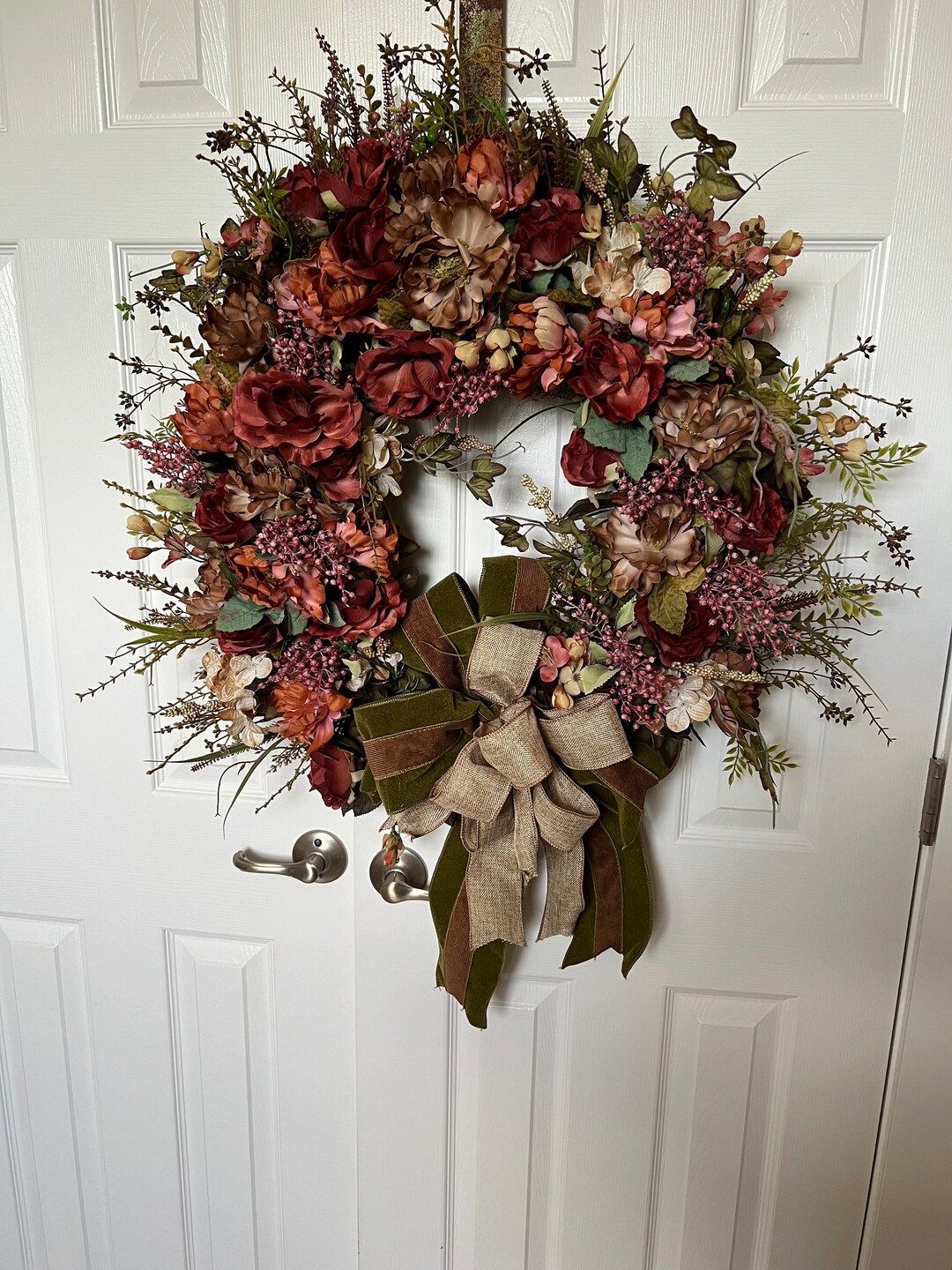 Large Fall Wreath Made With Rust and Cream Colored Flowers, Berries ...