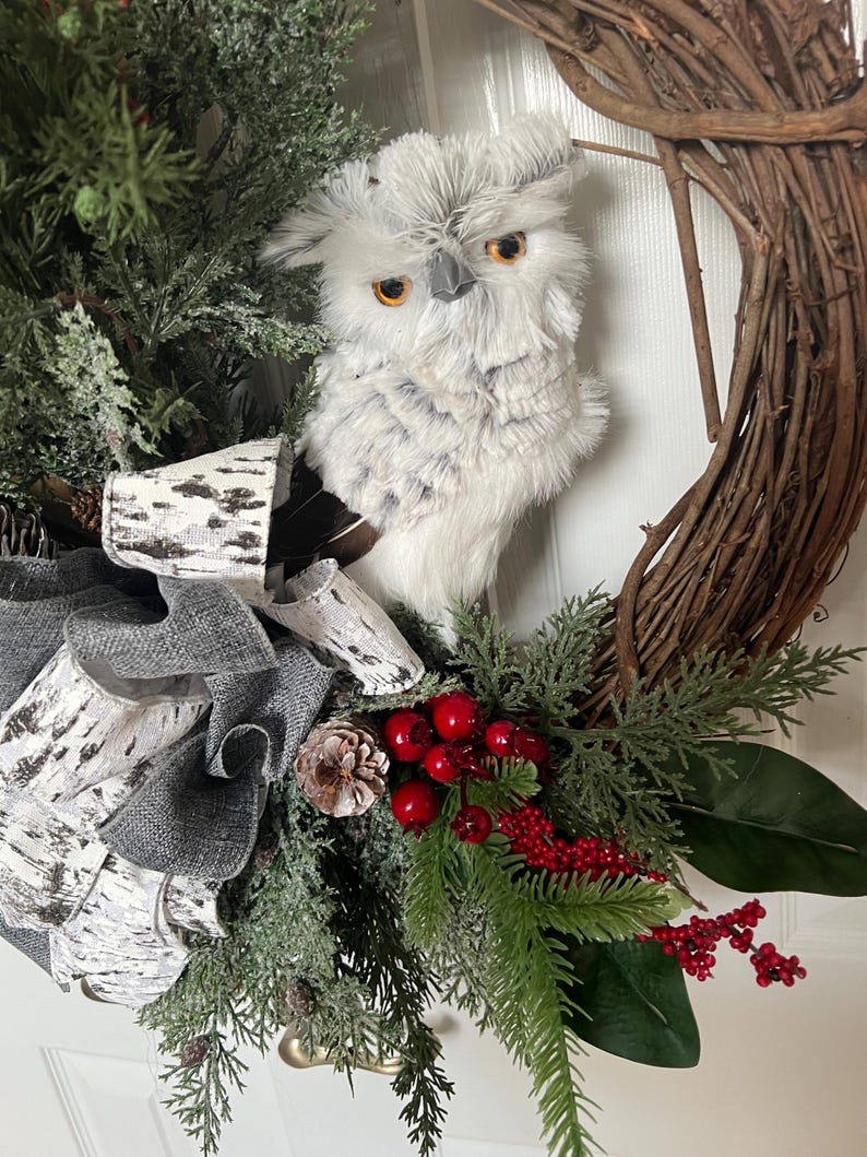 Christmas Owl Wreath Made With Holiday Greenery, Red Berries, Pine ...