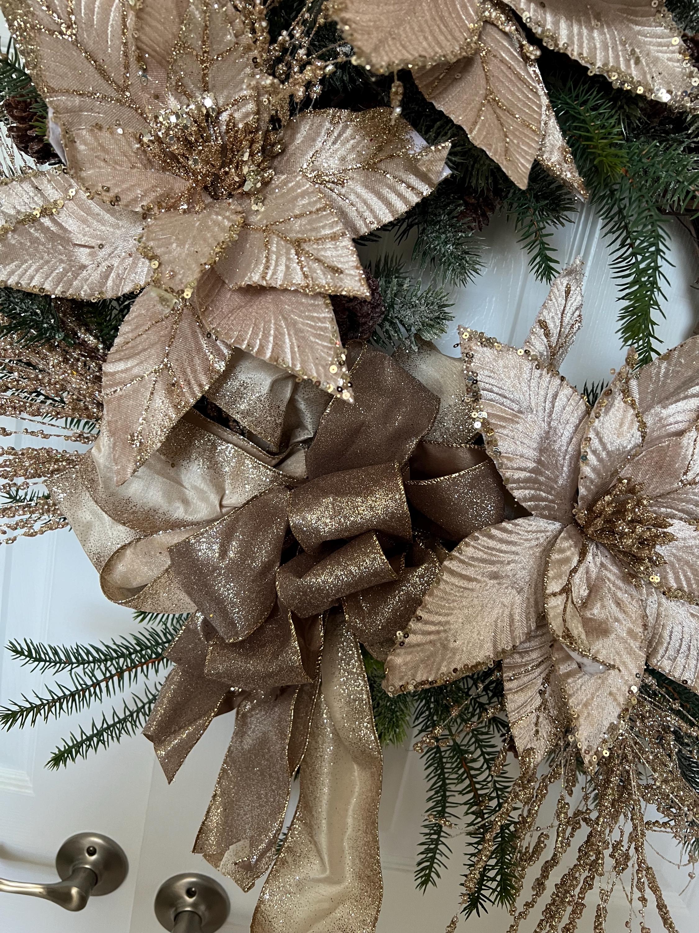 Christmas Wreath With Gold Poinsettias, Greenery, Gold Branches and Bow ...
