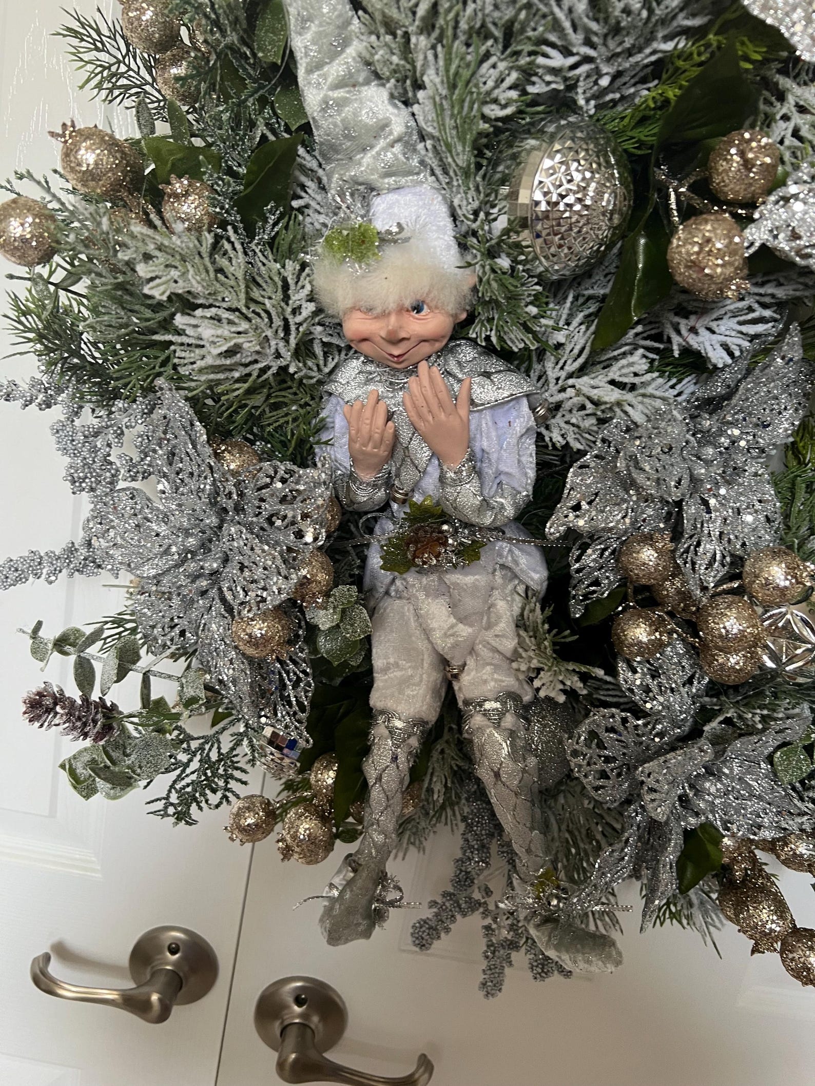 Christmas Elf Wreath Made With Elf, Silver Poinsettias and Balls ...
