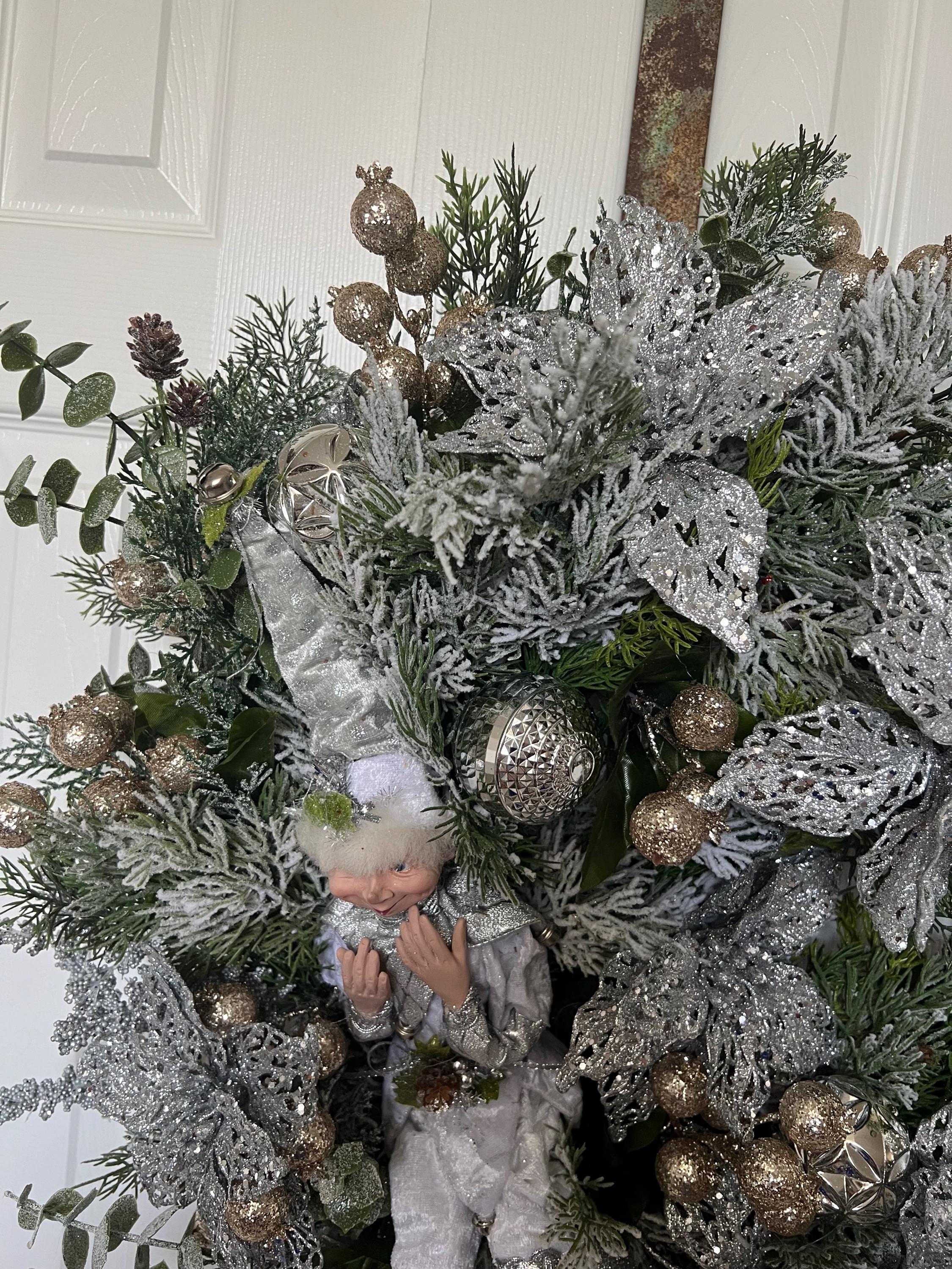 Christmas Elf Wreath Made With Elf, Silver Poinsettias and Balls ...