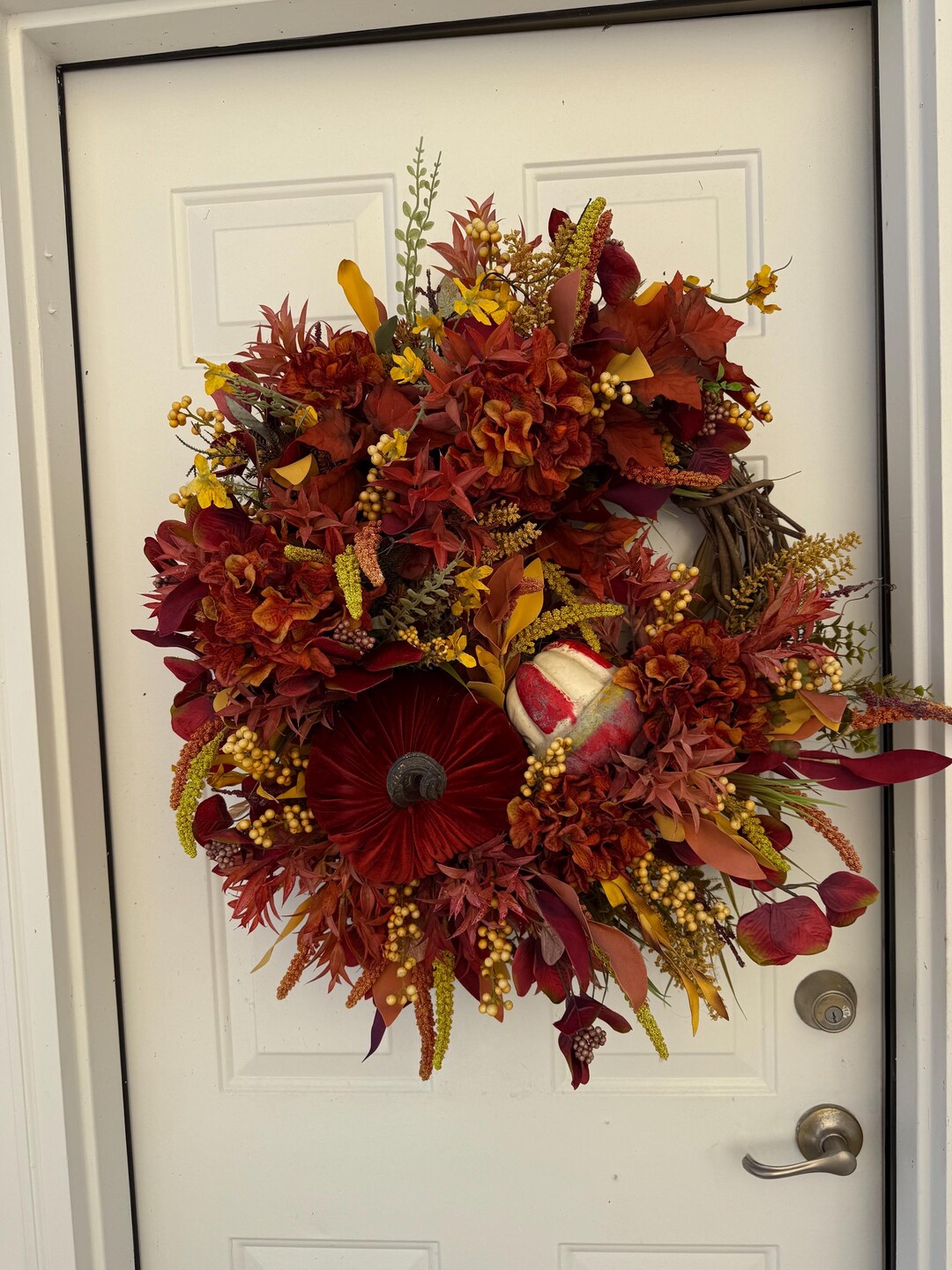 Fall Orange Colored Hydrangeas, 2 Pumpkins, Yellow Berries and Fall ...