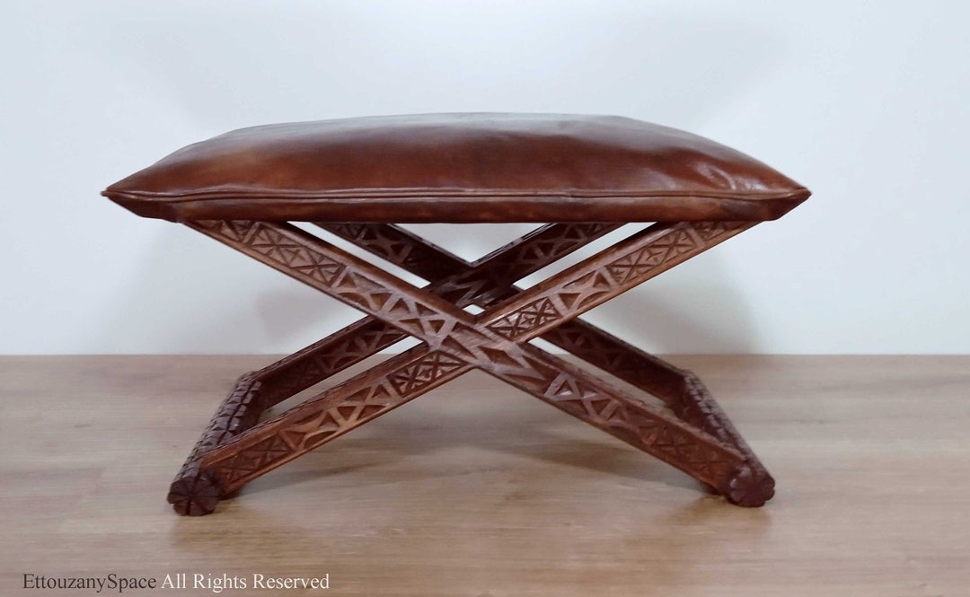 Free Shipping Two-pcs Hand Carved Solid Stools With Real Leather ...