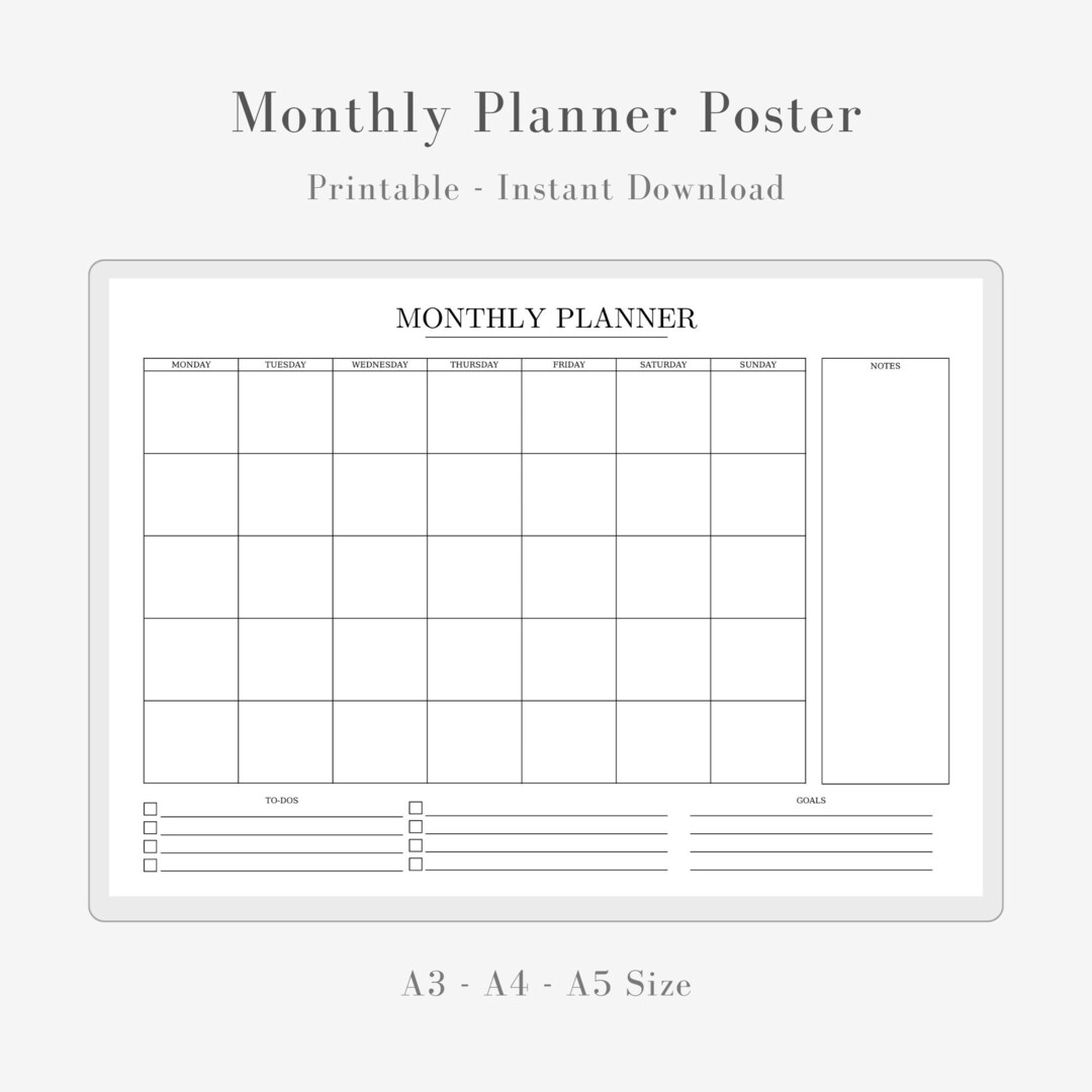 Monthly Planner Poster Blank Monthly Calendar Undated Planner Instant ...