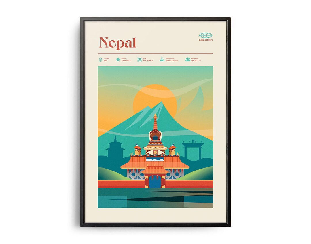 Midcentury Nepal Print, Nepal Landmarks, Tourist Attractions, Retro ...