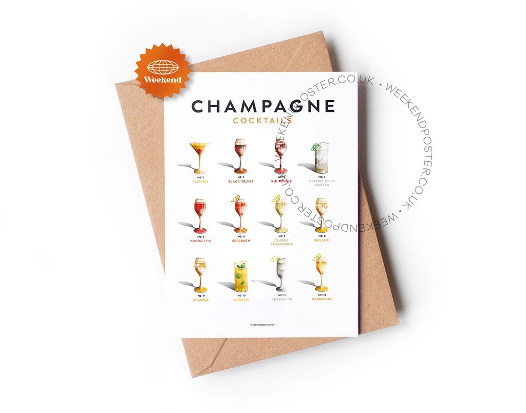 Retro Champagne Cocktails Guide Greeting Card, Champagne Cocktails Card ...