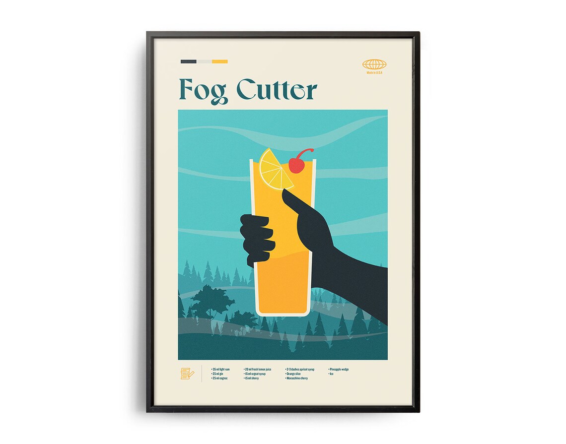 Fog Cutter Cocktail Midcentury Poster, Cocktail Recipe Poster, Cocktail ...