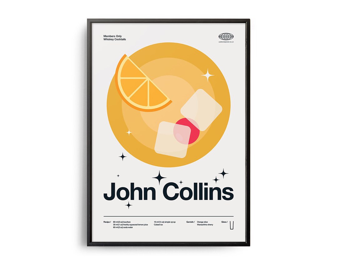 Midcentury John Collins Cocktail Poster, John Collins Cocktail Print ...