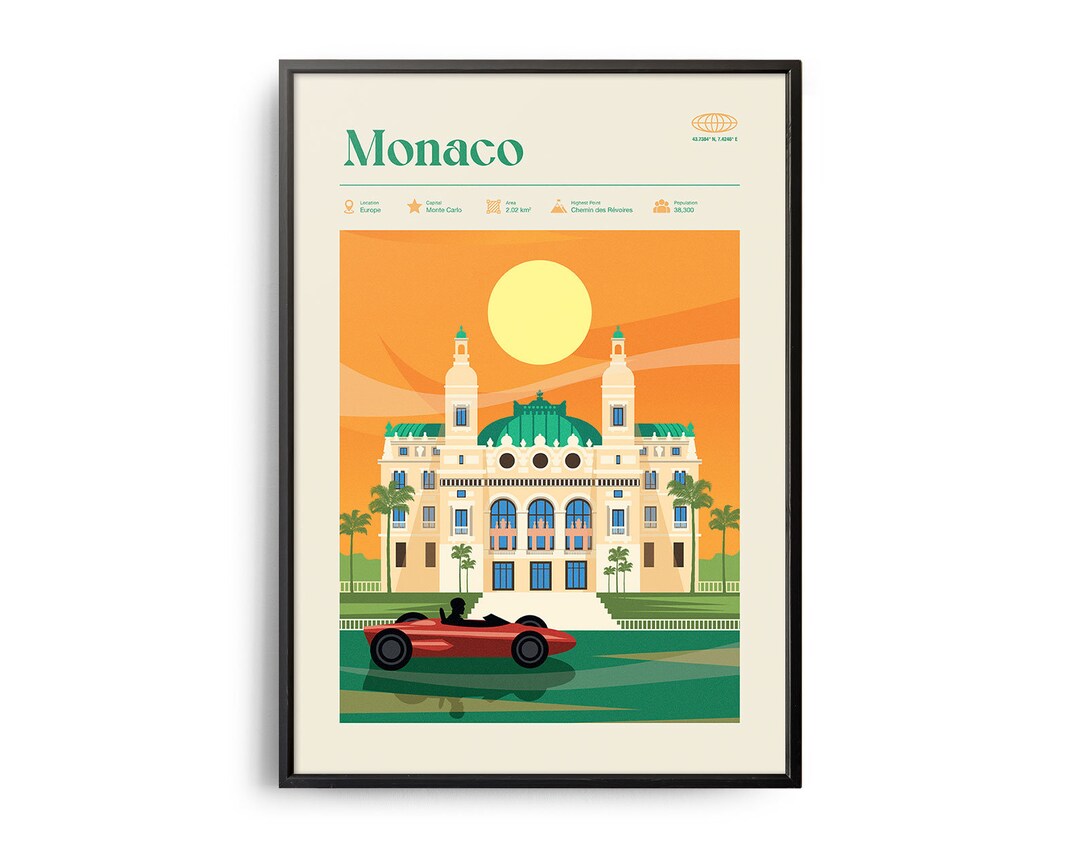 Midcentury Monaco Print, Monaco Landmarks, Tourist Attractions, Retro ...