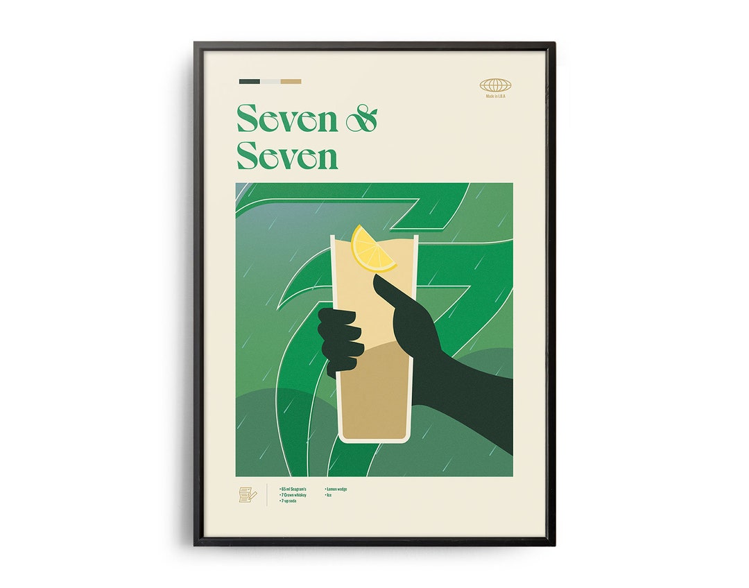 Seven & Seven Cocktail Midcentury Poster, Cocktail Recipe Poster ...