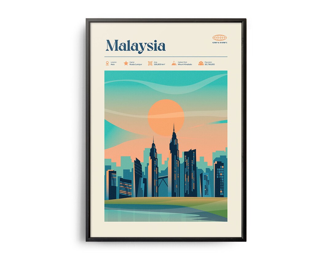 Midcentury Malaysia Print, Malaysia Landmarks, Tourist Attractions ...