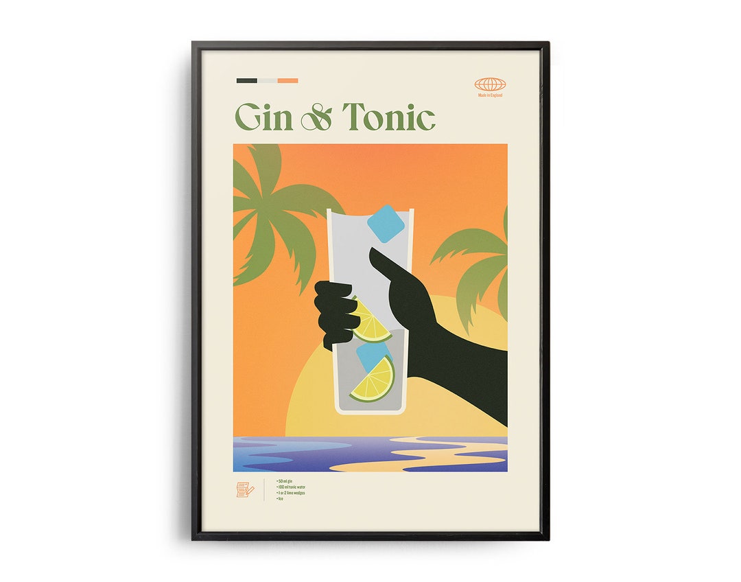 Gin Tonic Cocktail Midcentury Poster, Cocktail Recipe Poster, Cocktail ...