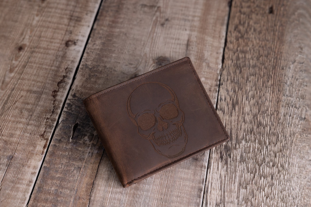Personalised Mens Skull Wallet, Genuine Dark Brown Leather Death Wallet ...