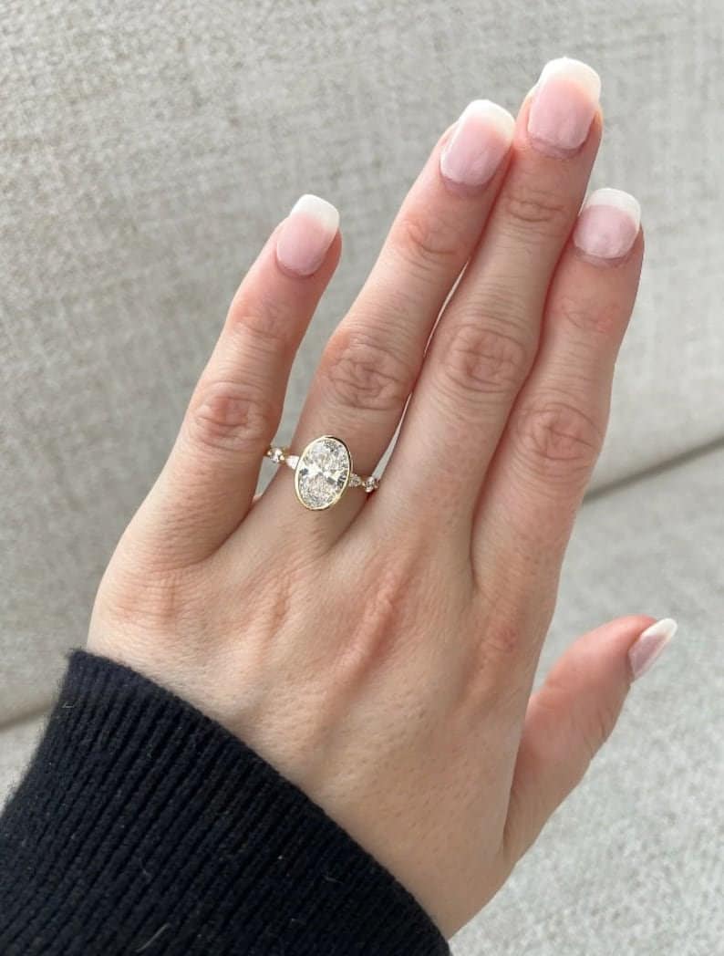 2CT Oval Bezel Set Oval Moissanite Engagement Ring 14k Solid Gold Ring ...