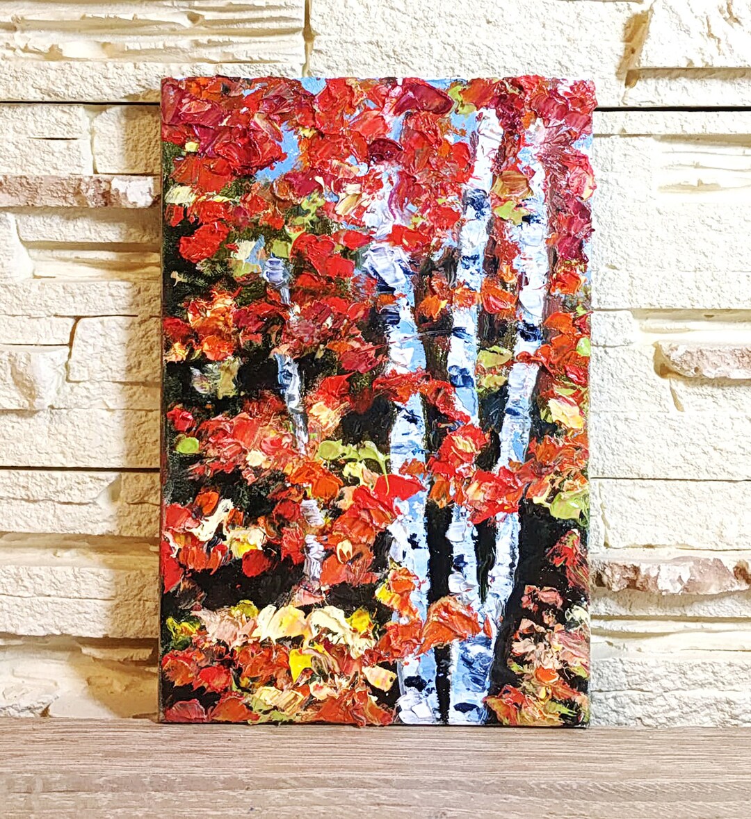 Abstract Red Birch Trees Oil Painting, Autumn Landscape Impasto Art - Etsy