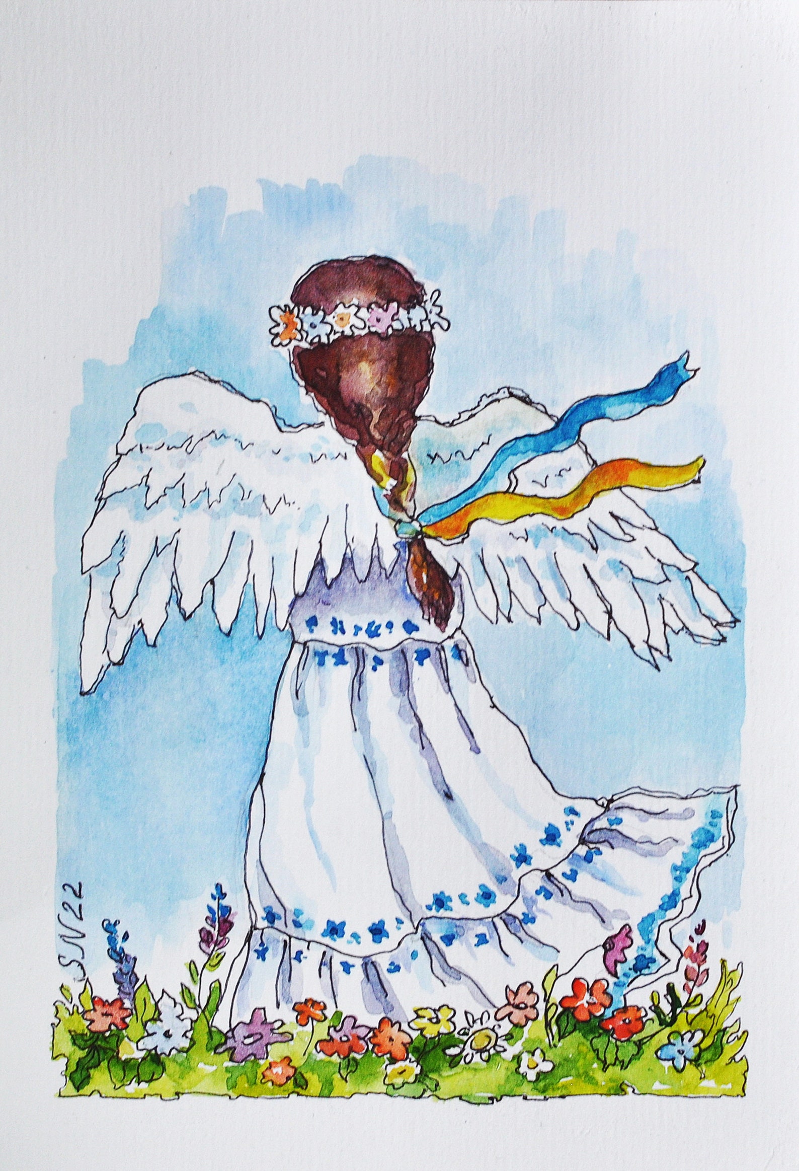 Ukrainian Angel With Flowers Original Watercolor Angel - Etsy