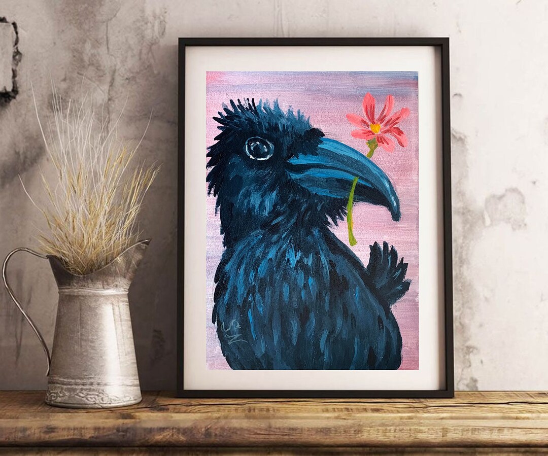Raven With Flower Bird ORIGINAL Painting Ukraine Art Crow Art - Etsy