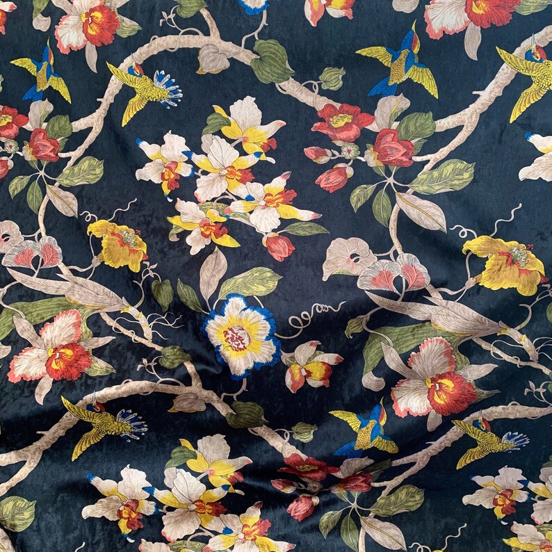 Italian Velvet Fabric Bird Bird Hummingbird Leaves Flowering - Etsy