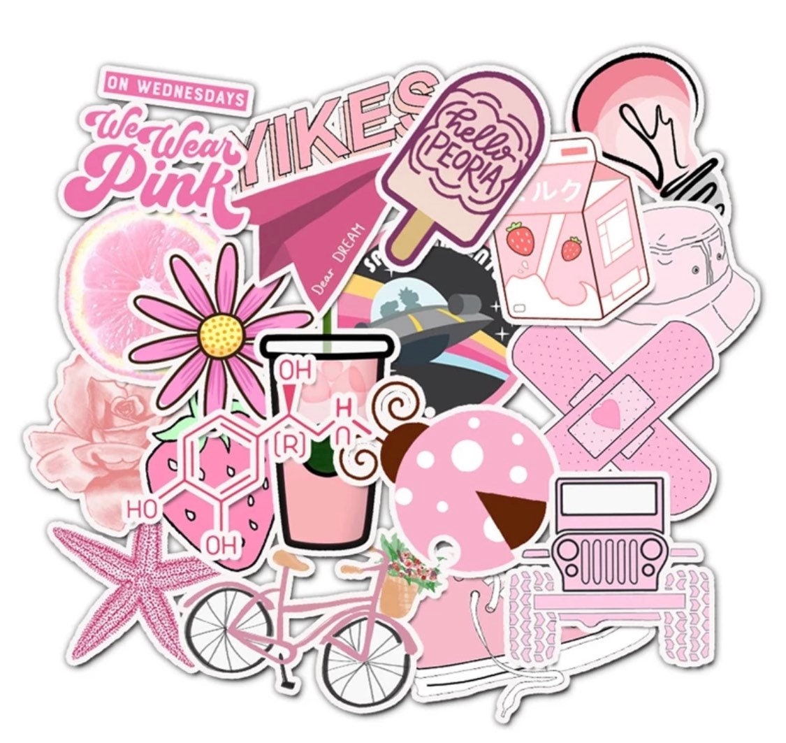 50 Pieces VSCO Pink Stickers Vinyl Waterproof PVC Cartoon Stickers ...