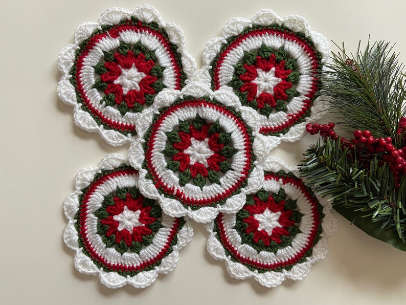 Crochet Christmas Coasters: Peppermint Holiday Decor - Etsy