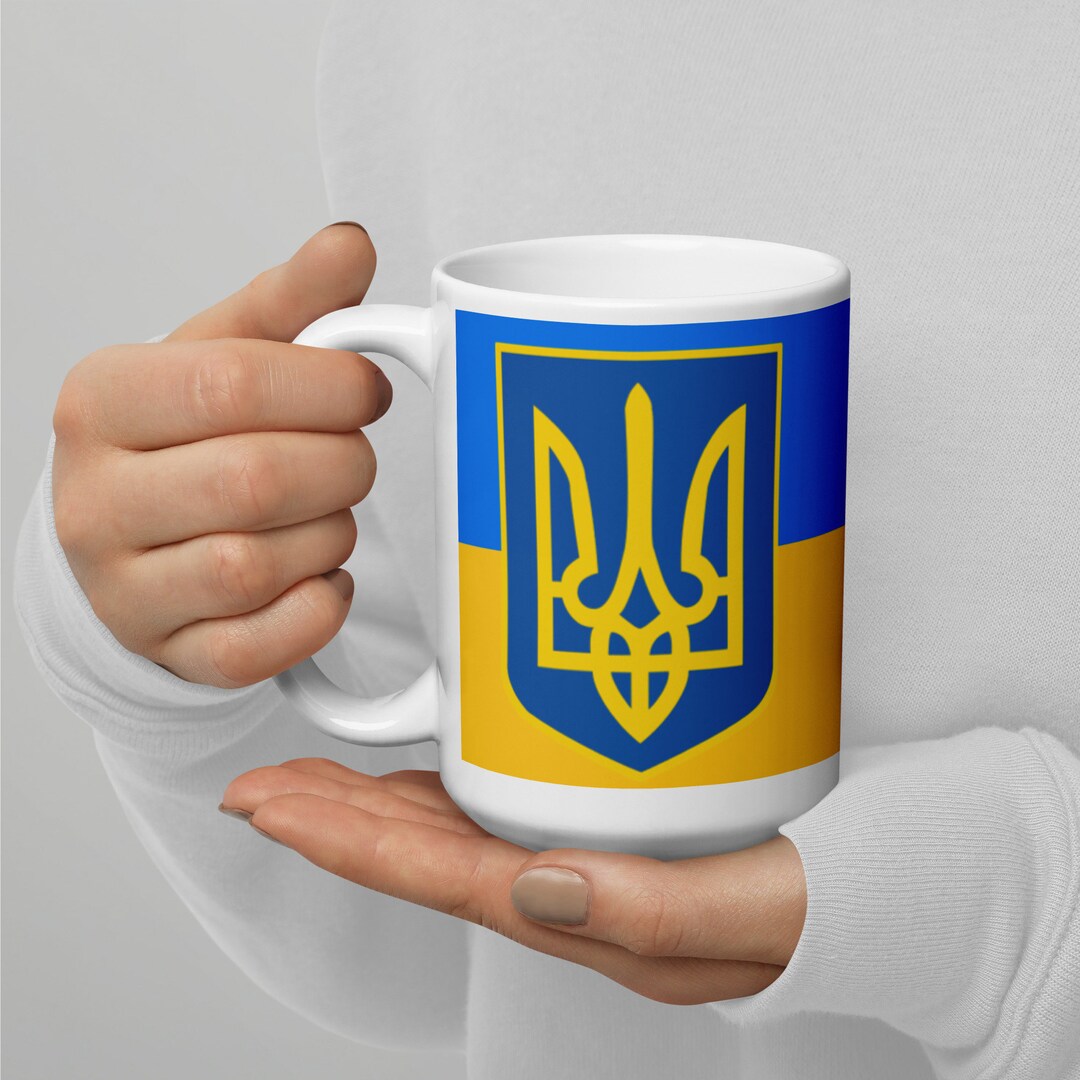 White Glossy Latte Mug Ukrainian Logo Coffee Cup Personalized Tea Cups ...