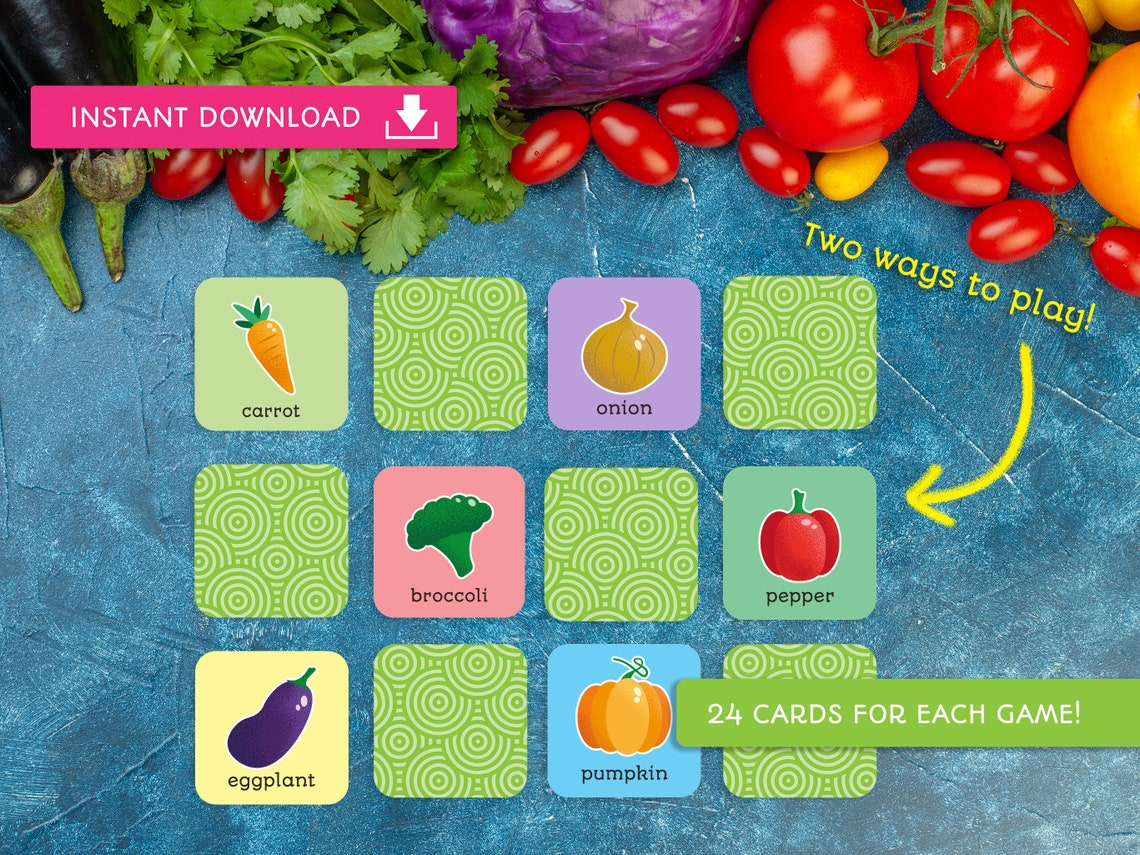 Vegetables Match Game, Printable Game, Match Game, Memory Game ...