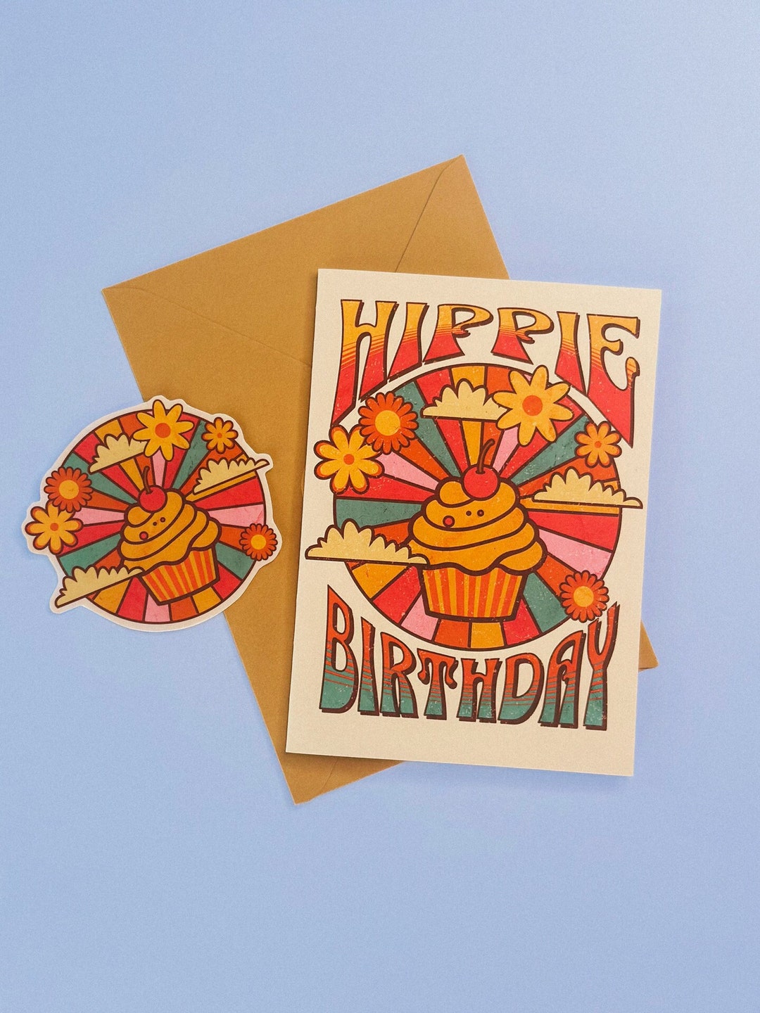 Hippie Birthday Card + Sticker - Waterproof, Glossy Large Sticker ...