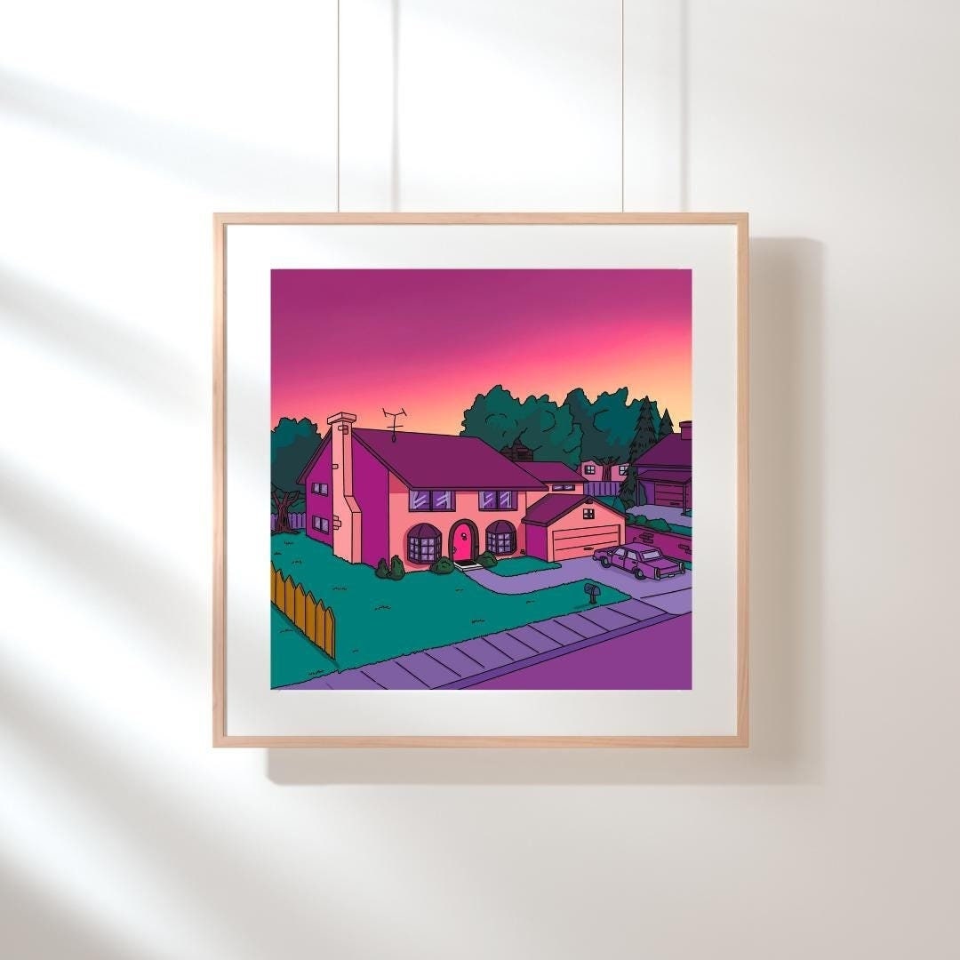 Simpsons Evergreen Terrace Art Print: Pink Sunset Watercolor Style - Etsy