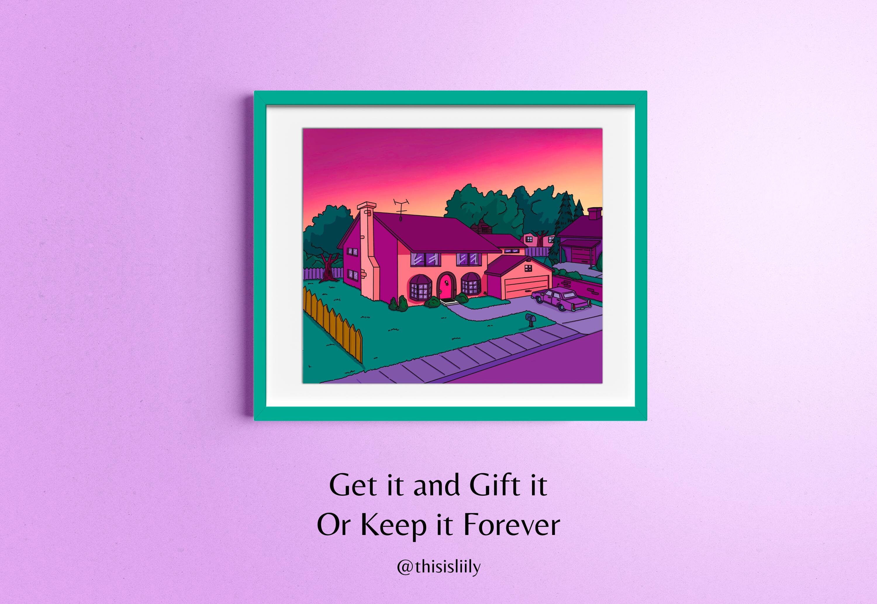 Simpsons Evergreen Terrace Art Print: Pink Sunset Watercolor Style - Etsy