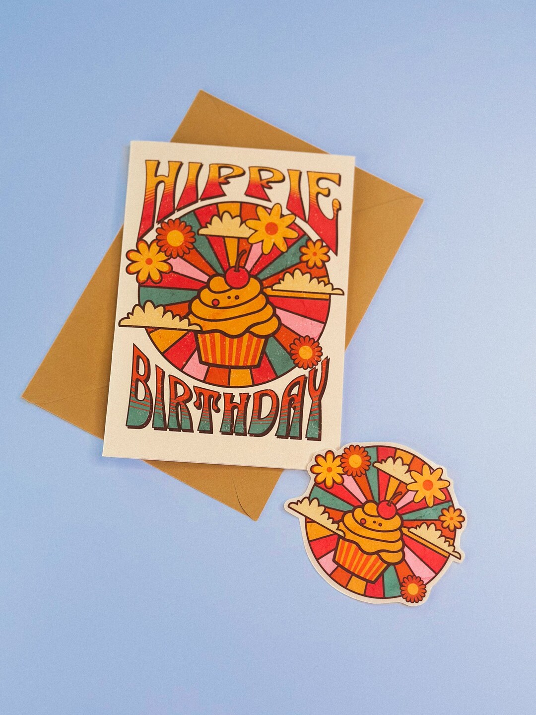 Hippie Birthday Card Sticker Waterproof, Glossy Large Sticker Happy ...