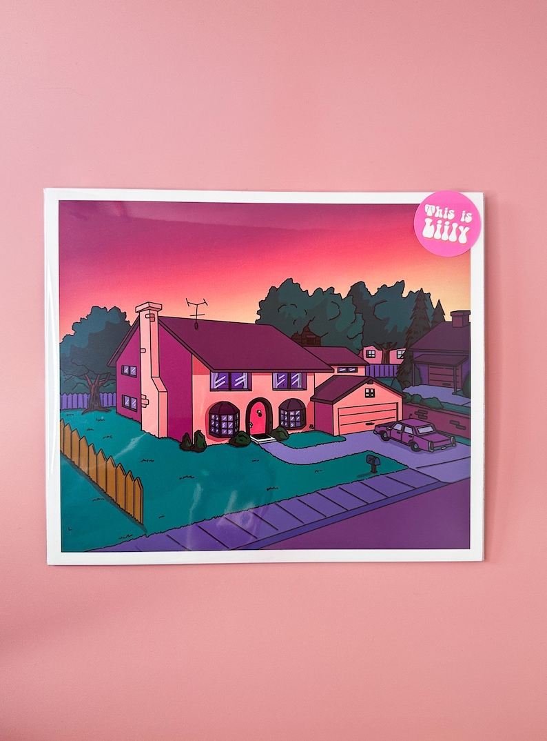Simpsons Evergreen Terrace Art Print: Pink Sunset Watercolor Style - Etsy