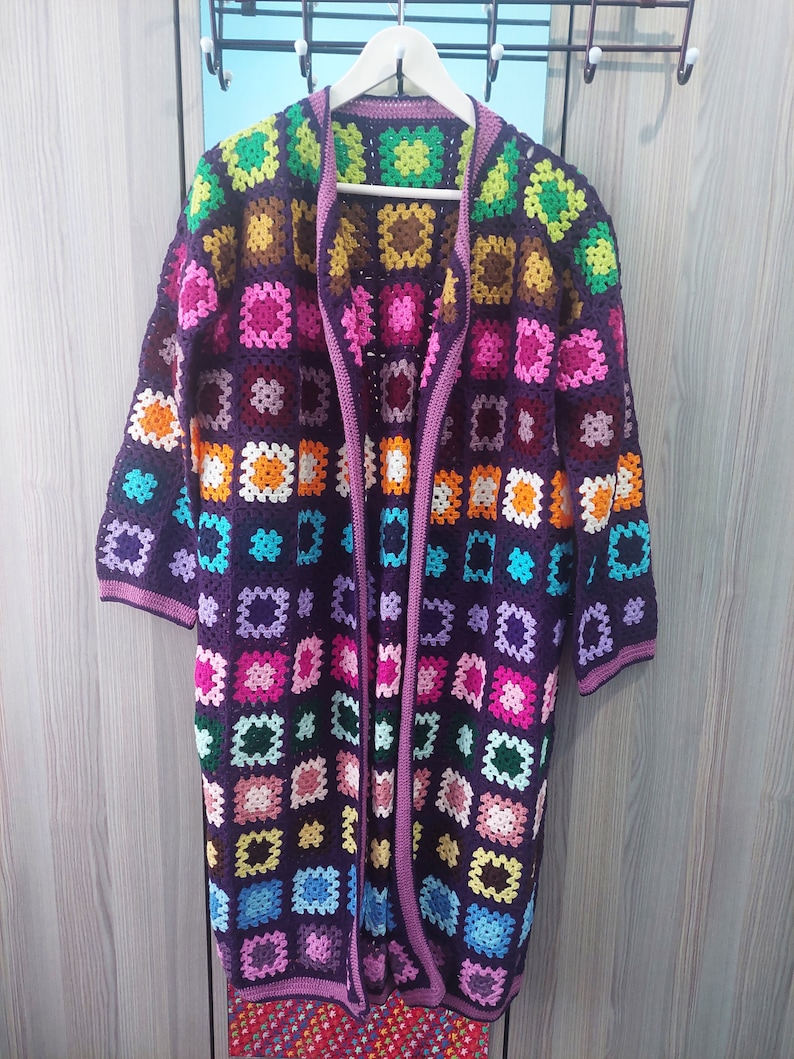 Crochet Patchwork Jacket, Long Granny Square Cardigan, Multicolor ...