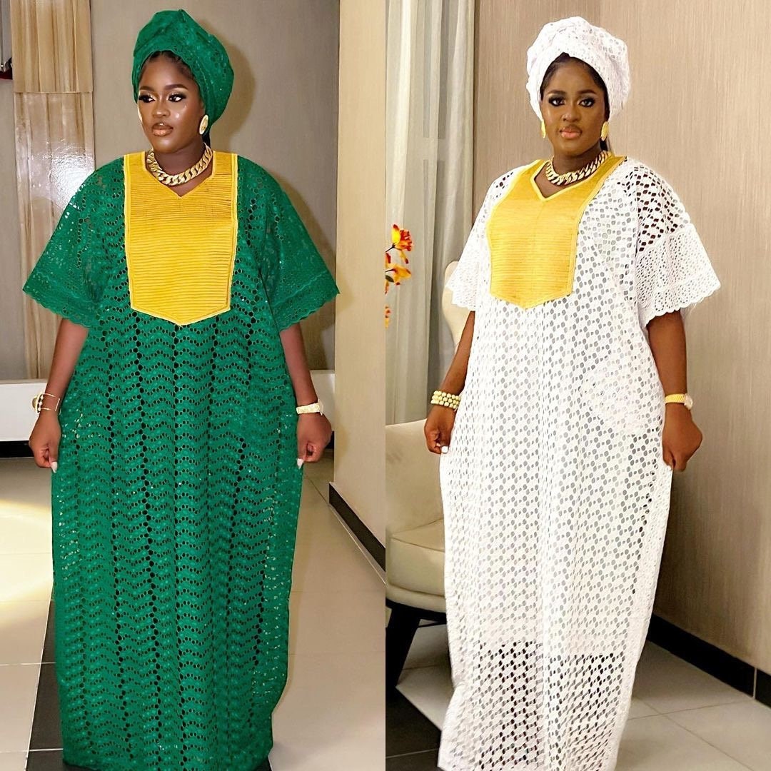 Agbada Style Kaftan With Matching Scarf, Green/ White Cord Lace Bubu ...